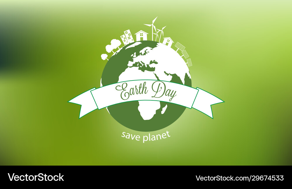 Earth day green planet with solar panels trees Vector Image