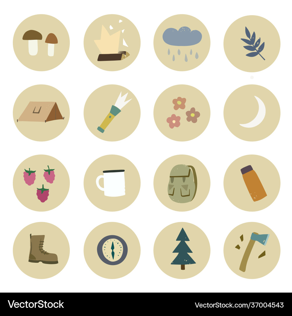 Set doodle hand drawn circle icons with camping Vector Image