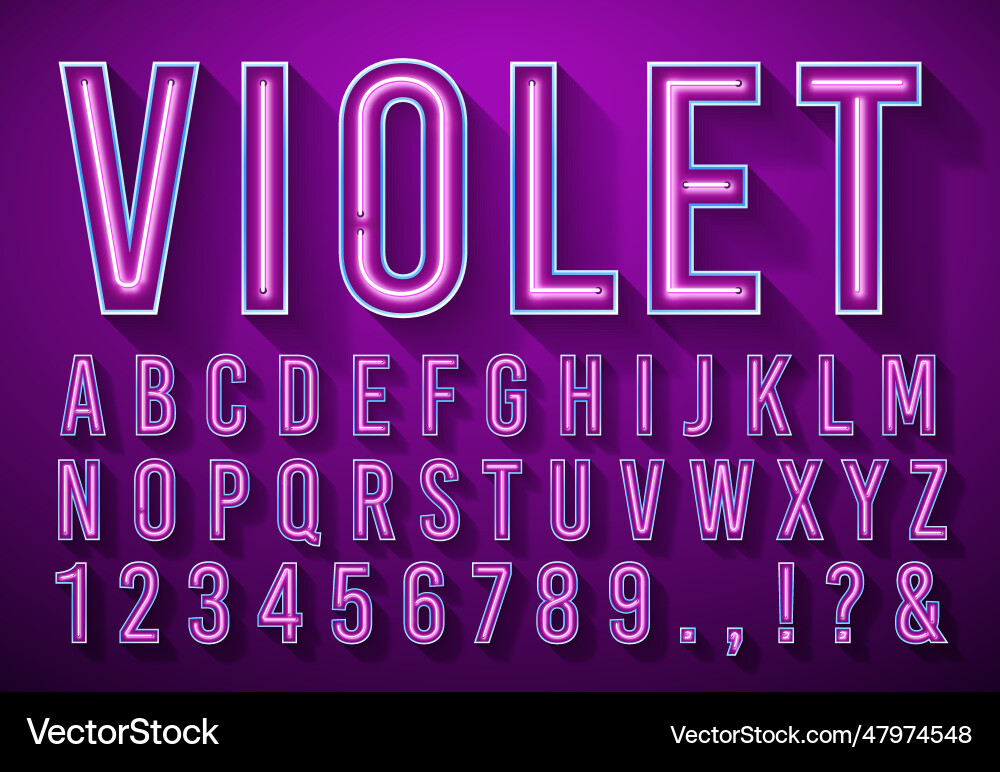 Bright neon letters violet glowing font light box Vector Image