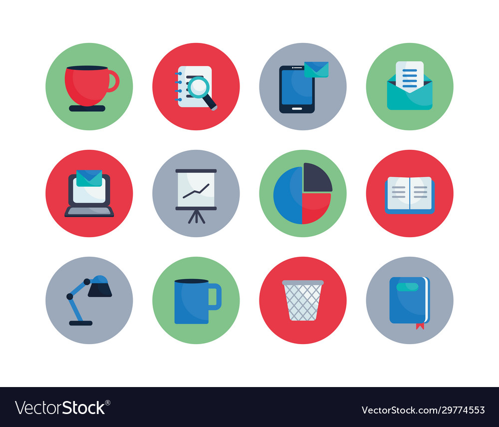 Isolated office flat block style icon set Vector Image