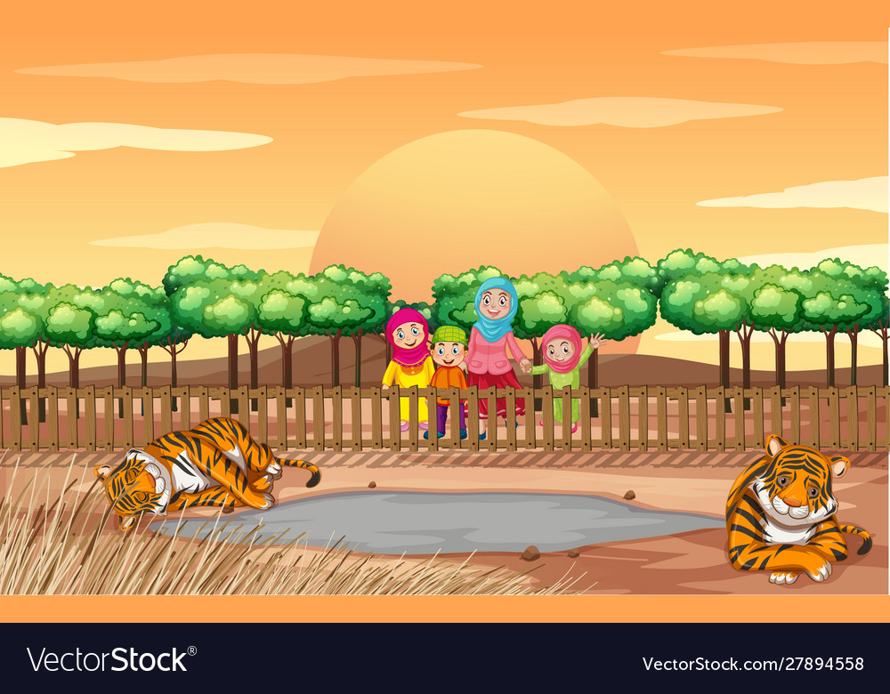 Scene with people and tigers at zoo Royalty Free Vector