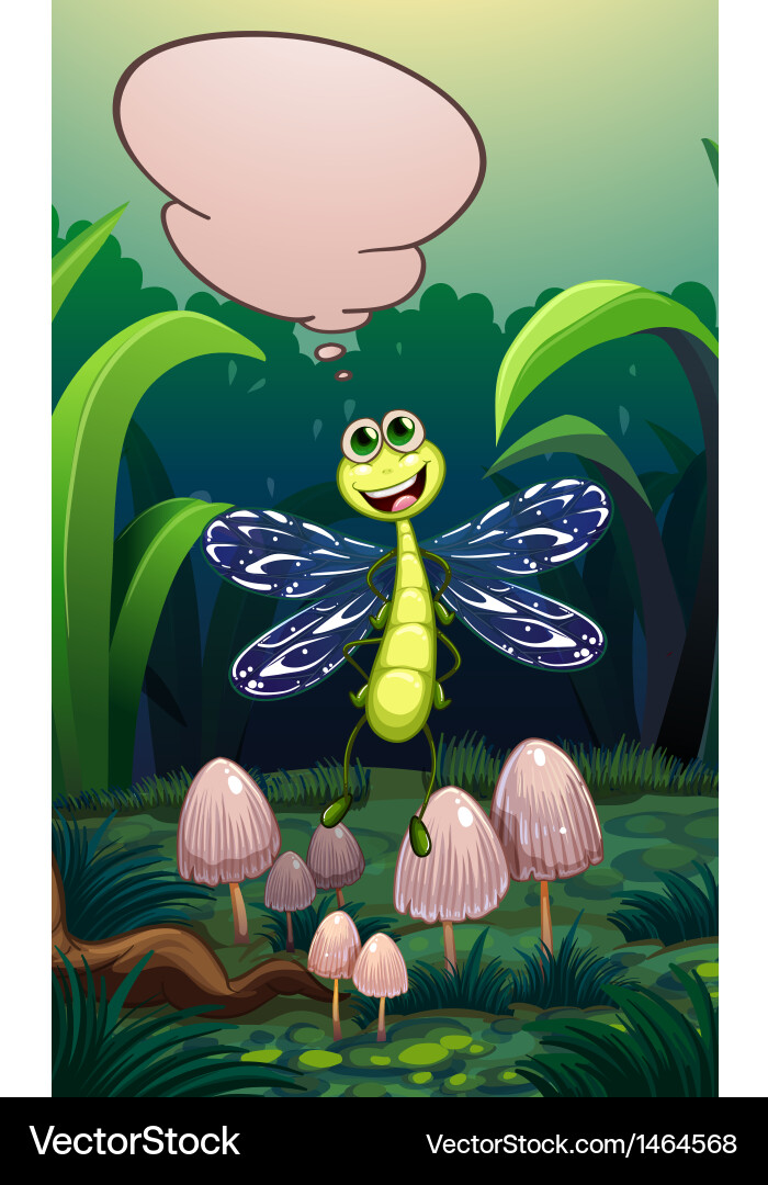 A dragonfly near mushrooms with an empty Vector Image