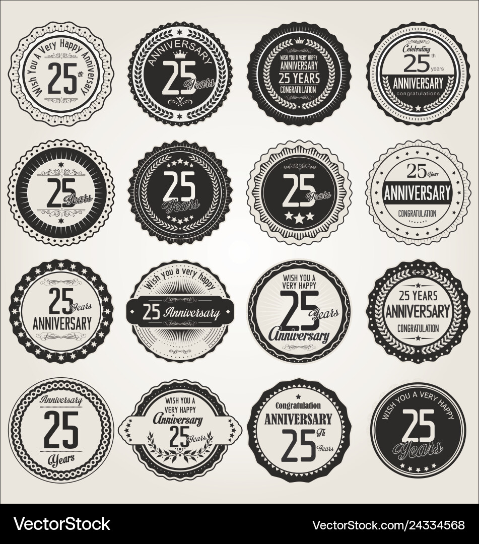 Anniversary retro labels collection 25 years Vector Image