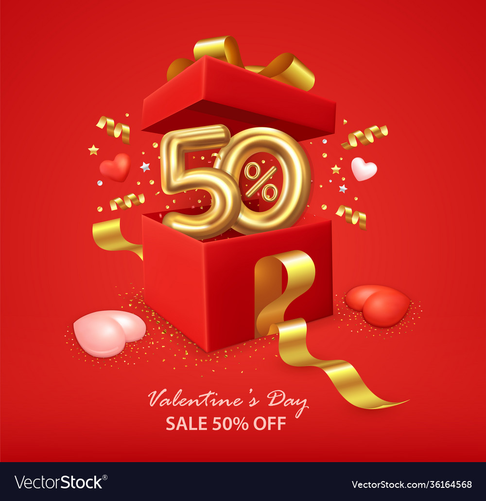 Valentines day sale 50 off poster with open gift Vector Image