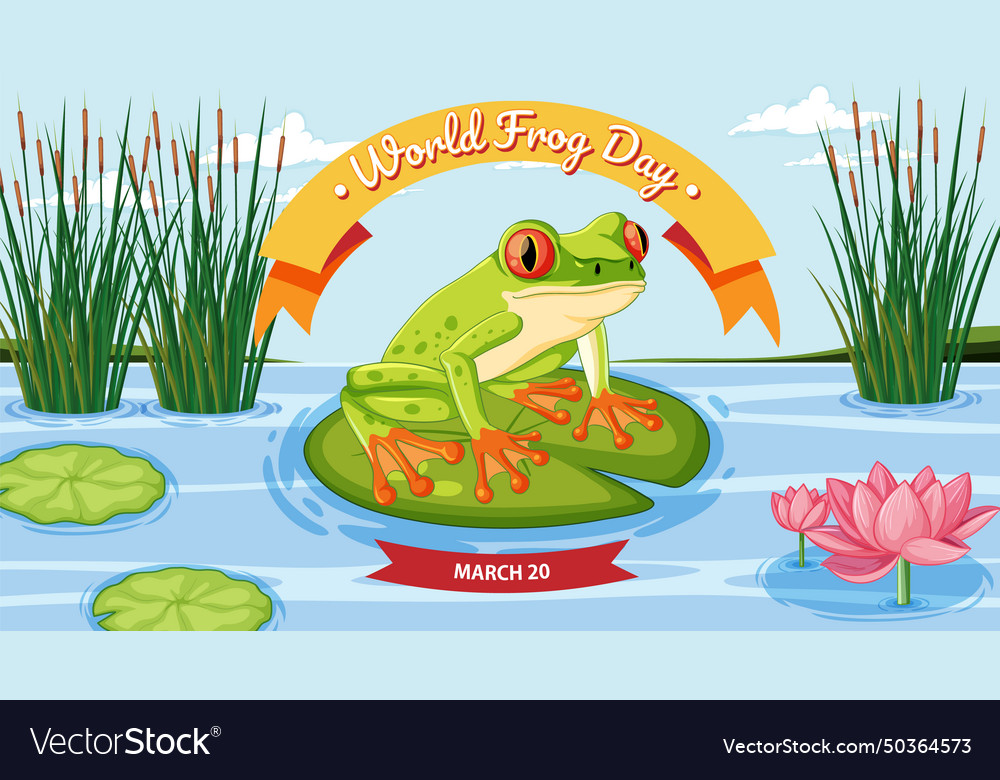 Colorful frog on lily pad with event banner Vector Image