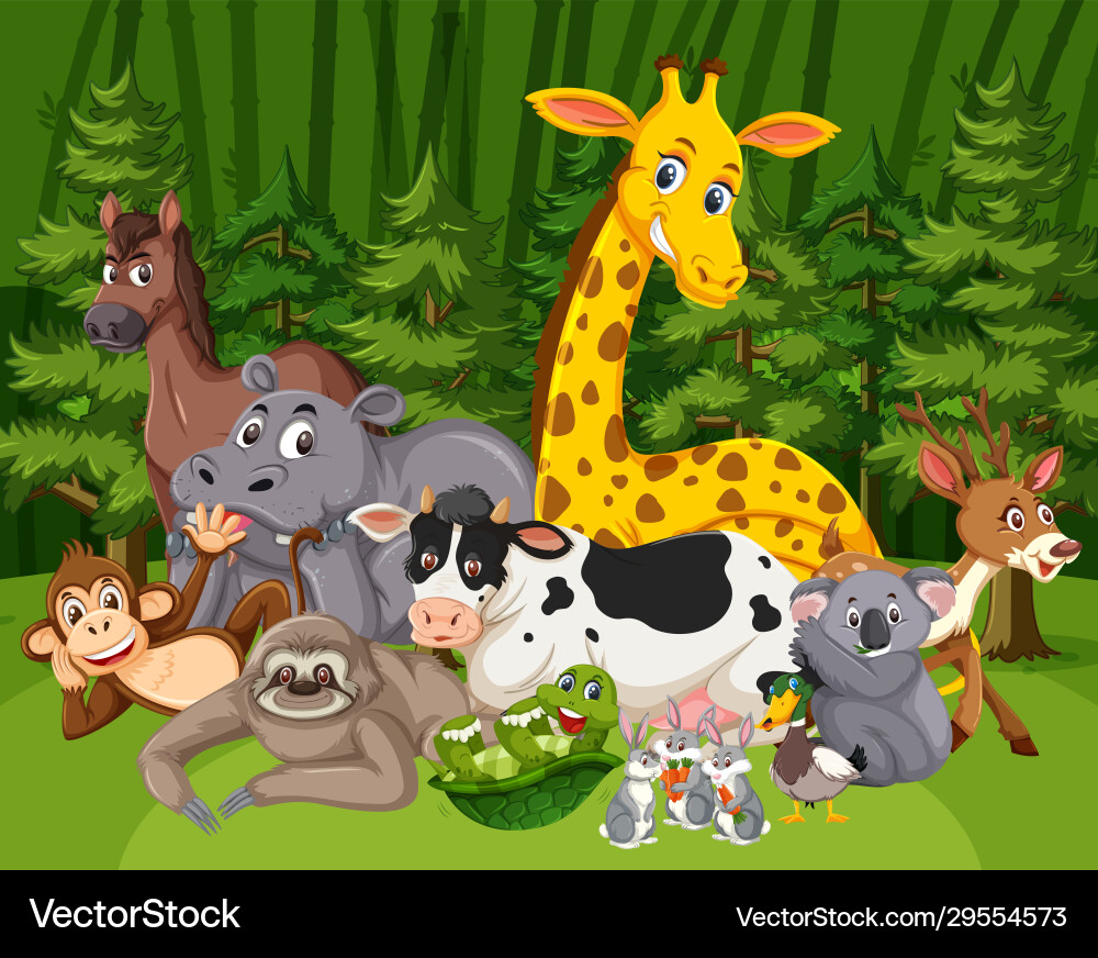 Scene with many wild animals in big forest Vector Image