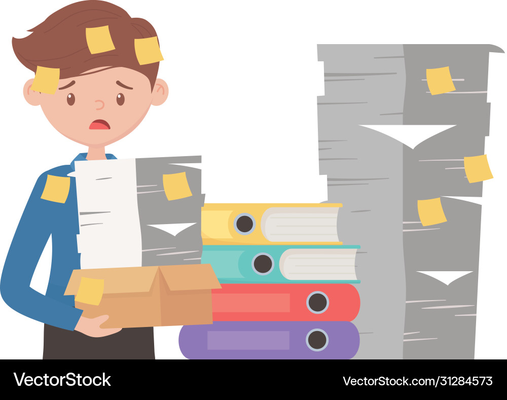 Stress at work worried employee with pile Vector Image