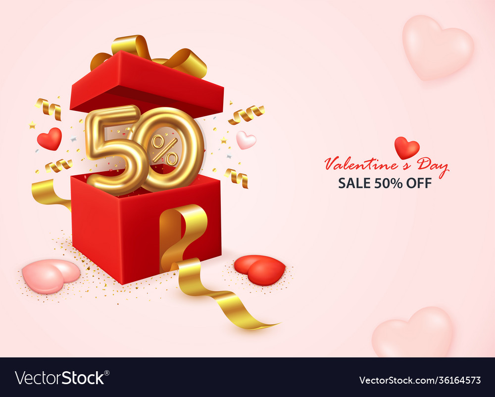 Valentines day sale 50 off banner with open gift Vector Image