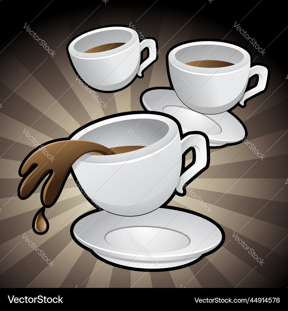 Three coffee cups with saucers on a dark brown Vector Image