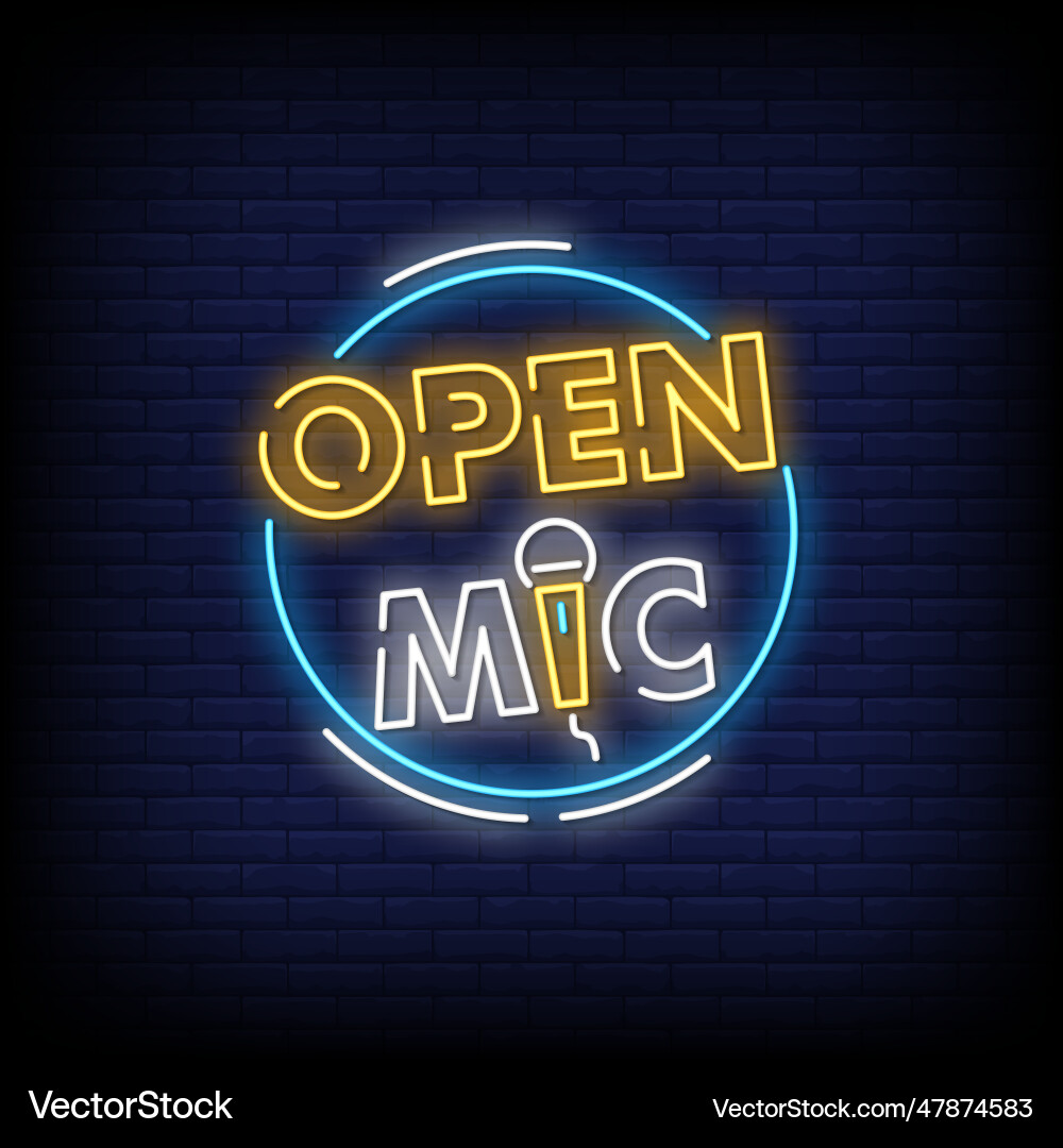 Neon sign open mic with brick wall background vect