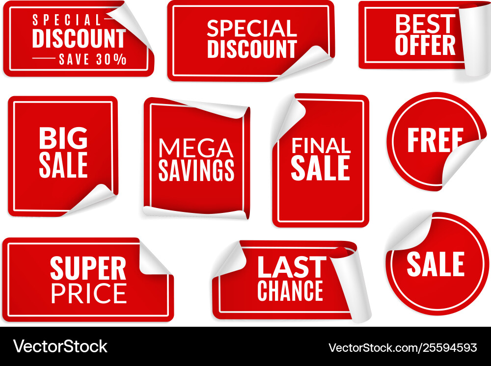 Red stickers curled wrapped paper sticker set Vector Image