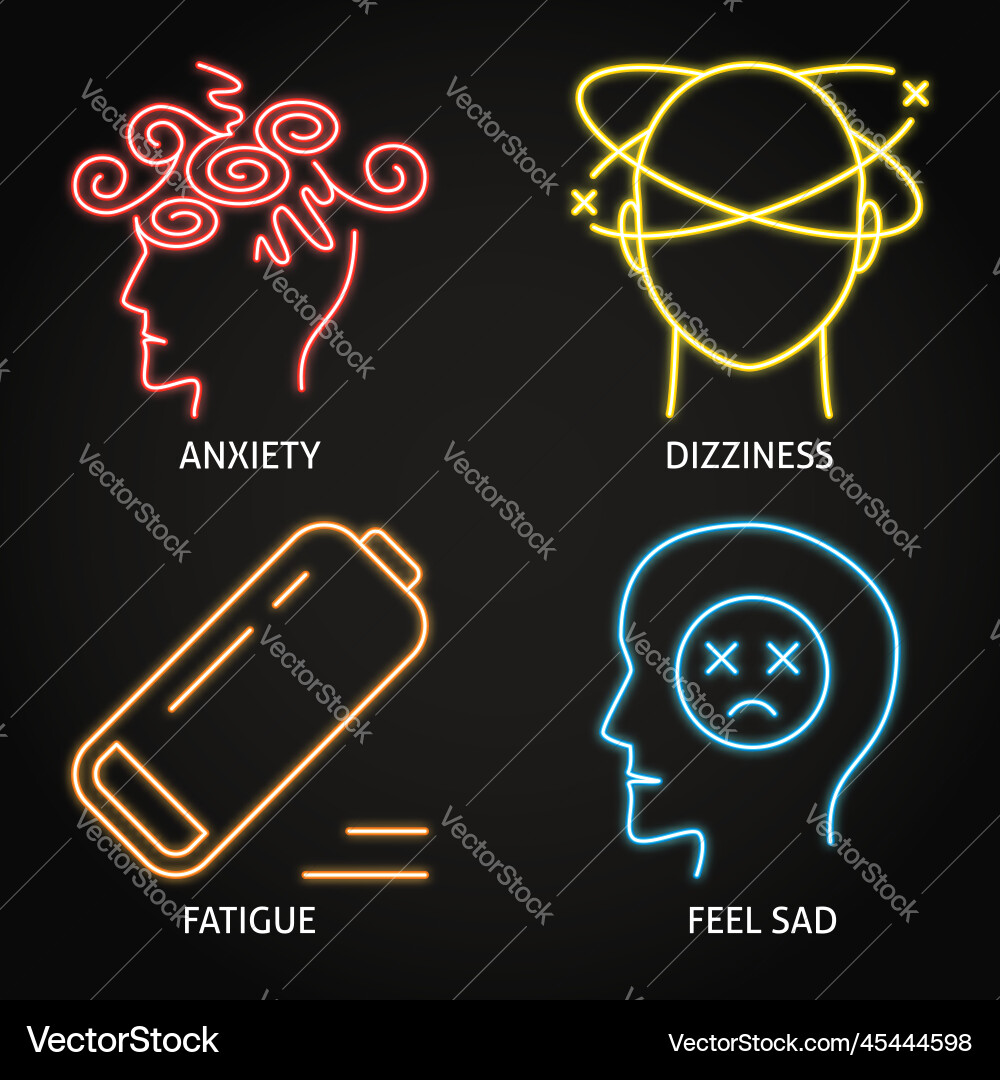 Neon stress and depression symptoms icon set Vector Image