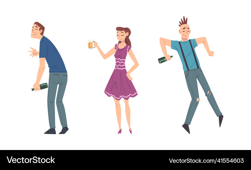 Drunk young people with alcohol drinks set cartoon