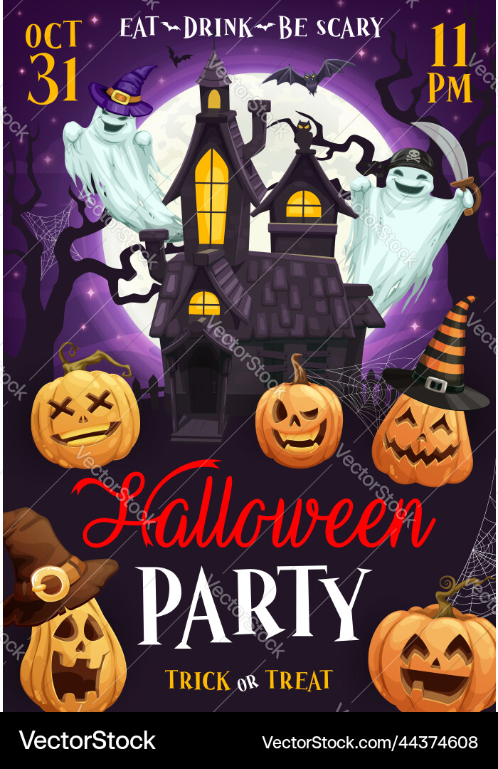 Halloween flyer with pumpkin ghost and castle Vector Image