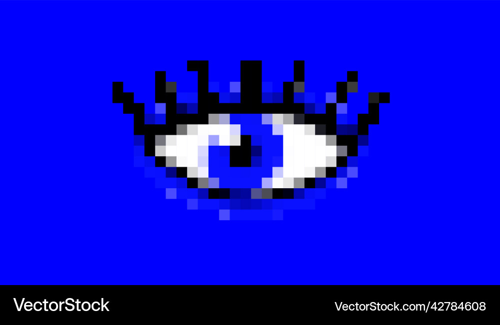 Pixel eye icon blue color art style Royalty Free Vector