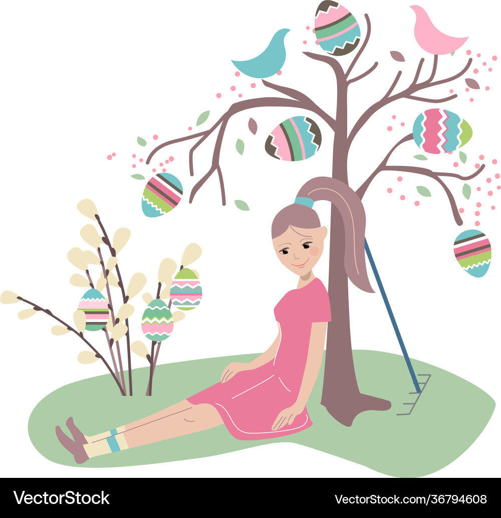 Young girl sitting near festive easter tree Vector Image