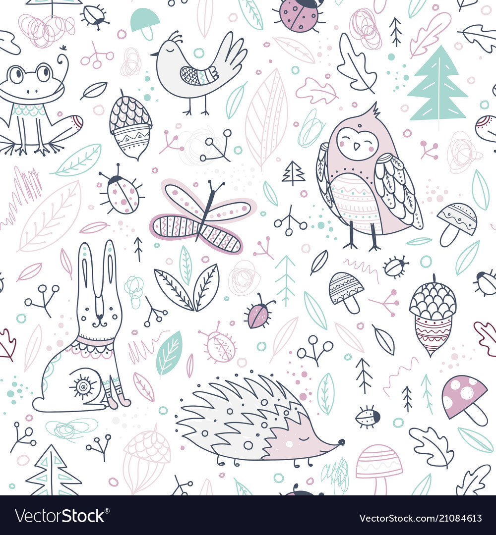 Cute forest animals and elements seamless pattern Vector Image