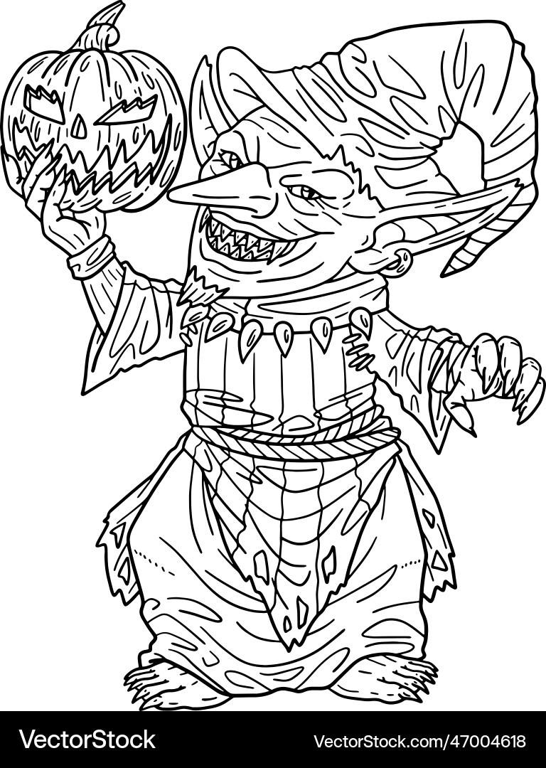 Halloween goblin hat robe isolated coloring page Vector Image
