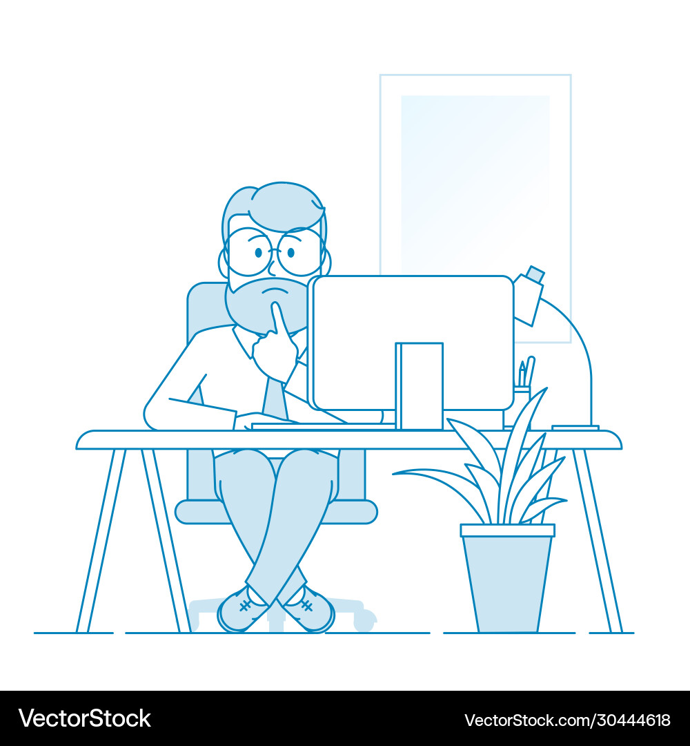 Pensive or indecisive man sitting at a table in Vector Image