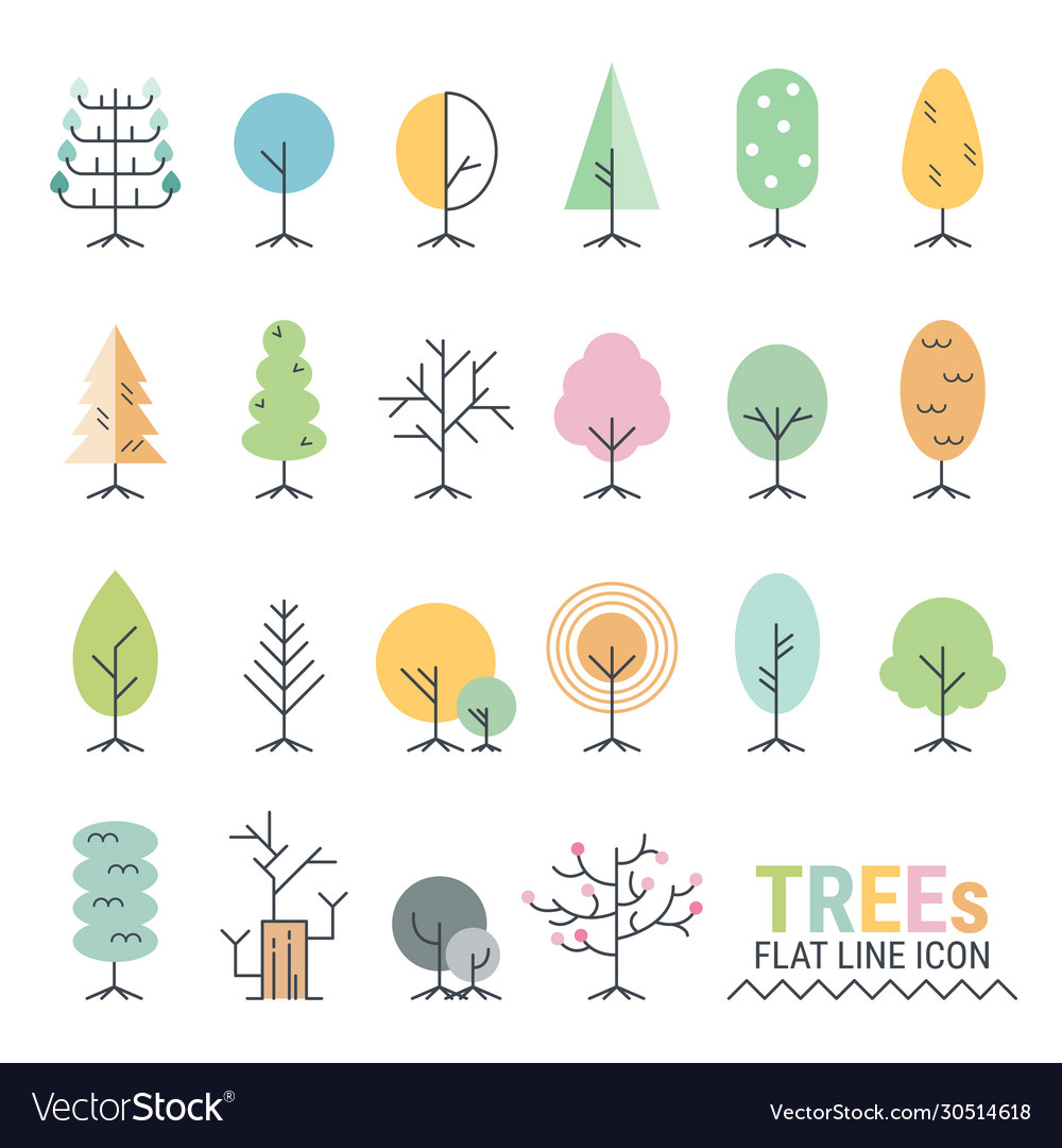 Trees-flat line icons with simple geometric shapes