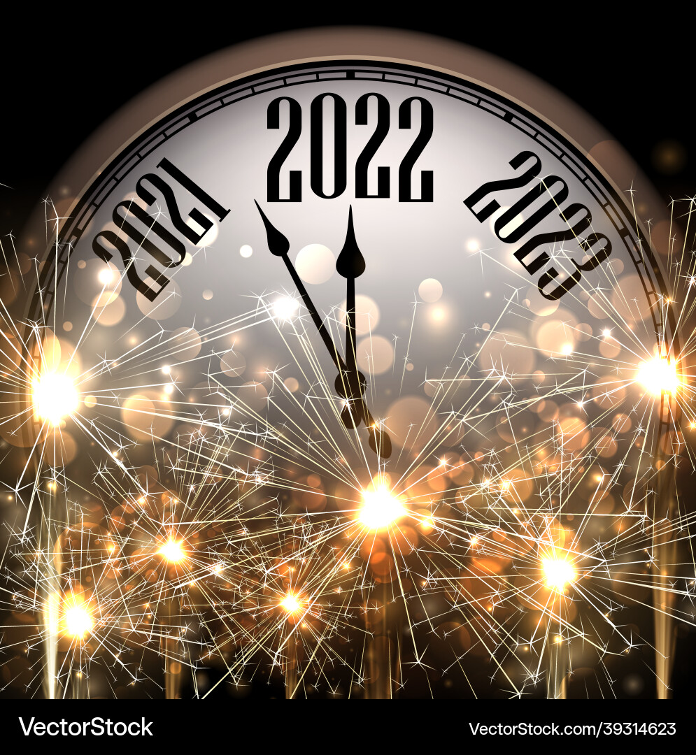 Clock showing 2022 with golden fireworks Vector Image