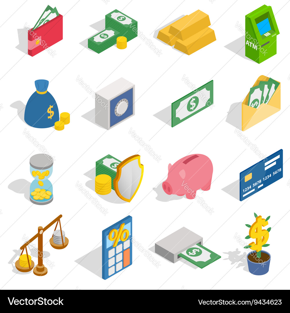 Money icons set isometric 3d style Royalty Free Vector Image