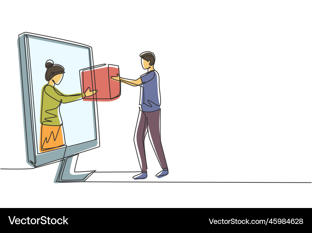 Single one line drawing female customer receives Vector Image