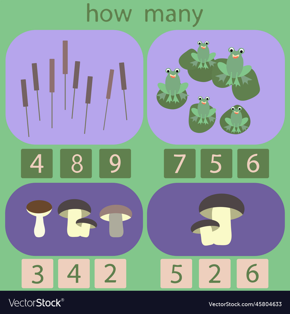 Count how many frogs and mushrooms Royalty Free Vector Image