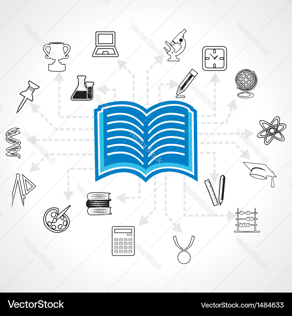 Set of educational icon around book Royalty Free Vector