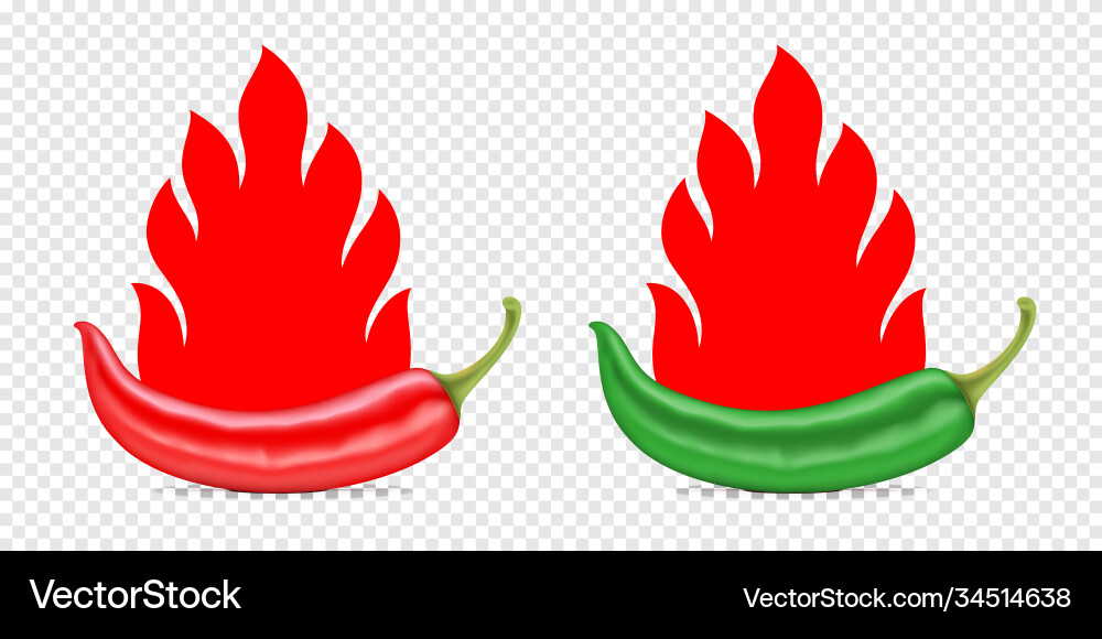Set red and green peppers with fire flames Vector Image