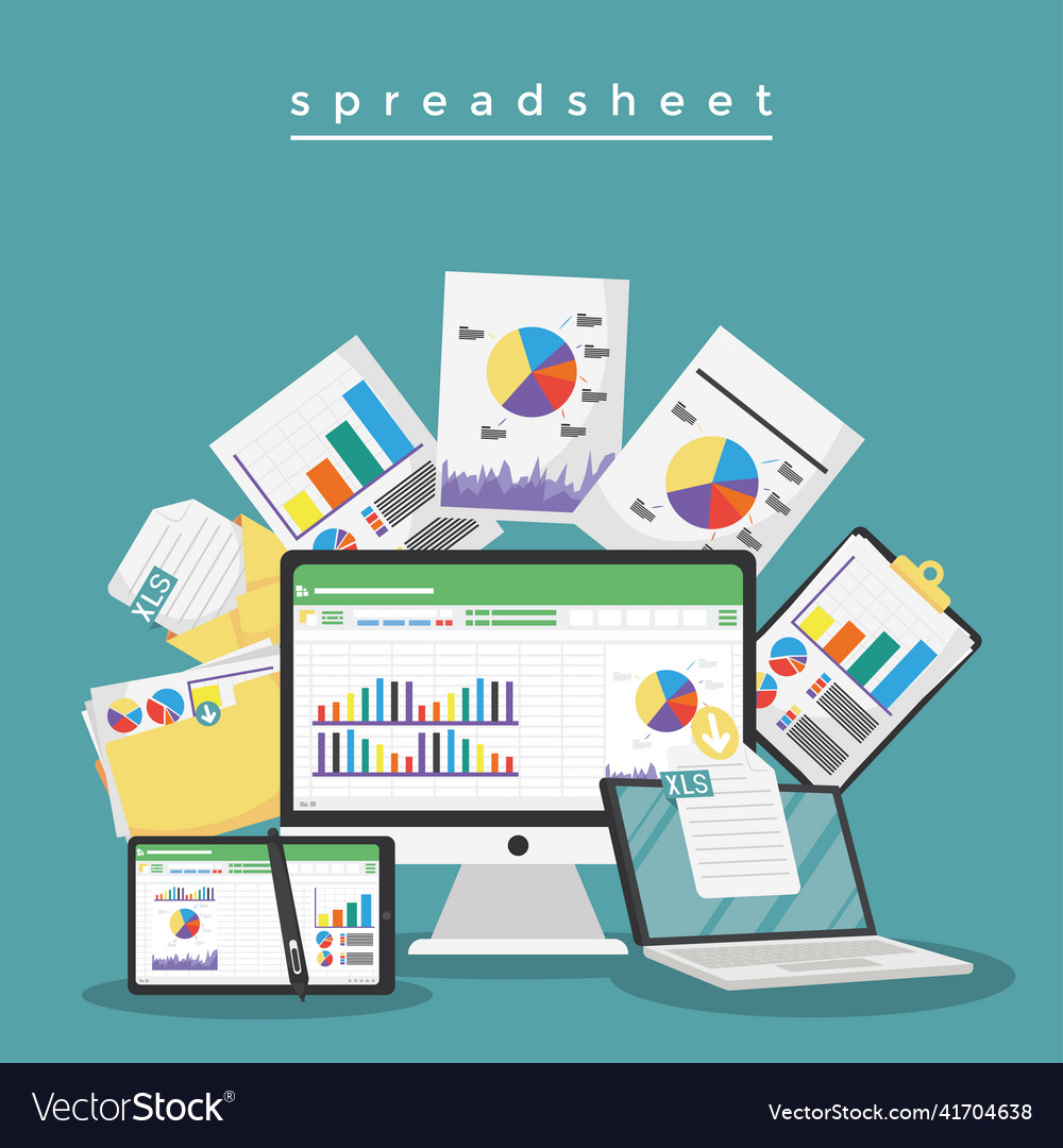 Spreadsheet documents in devices Royalty Free Vector Image