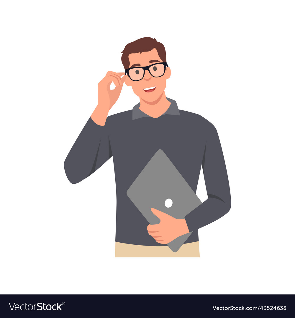 Young man with laptop flat Royalty Free Vector Image