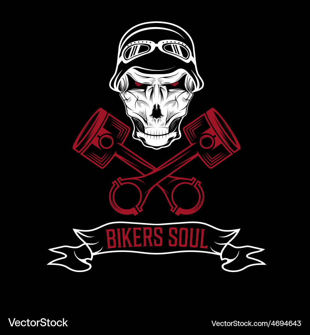 Biker theme label with pistons and skulls Vector Image