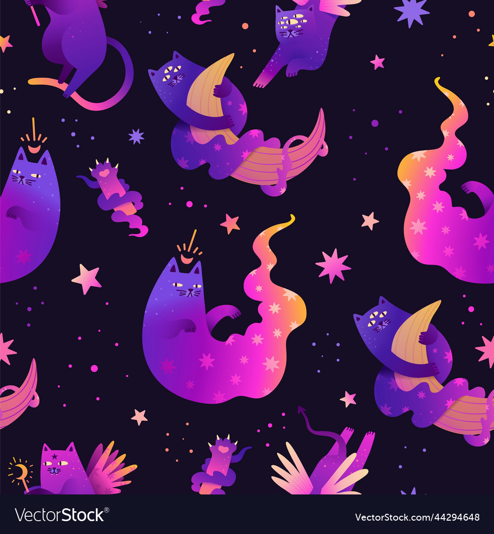 Mystical seamless pattern with cartoon shiny cats Vector Image