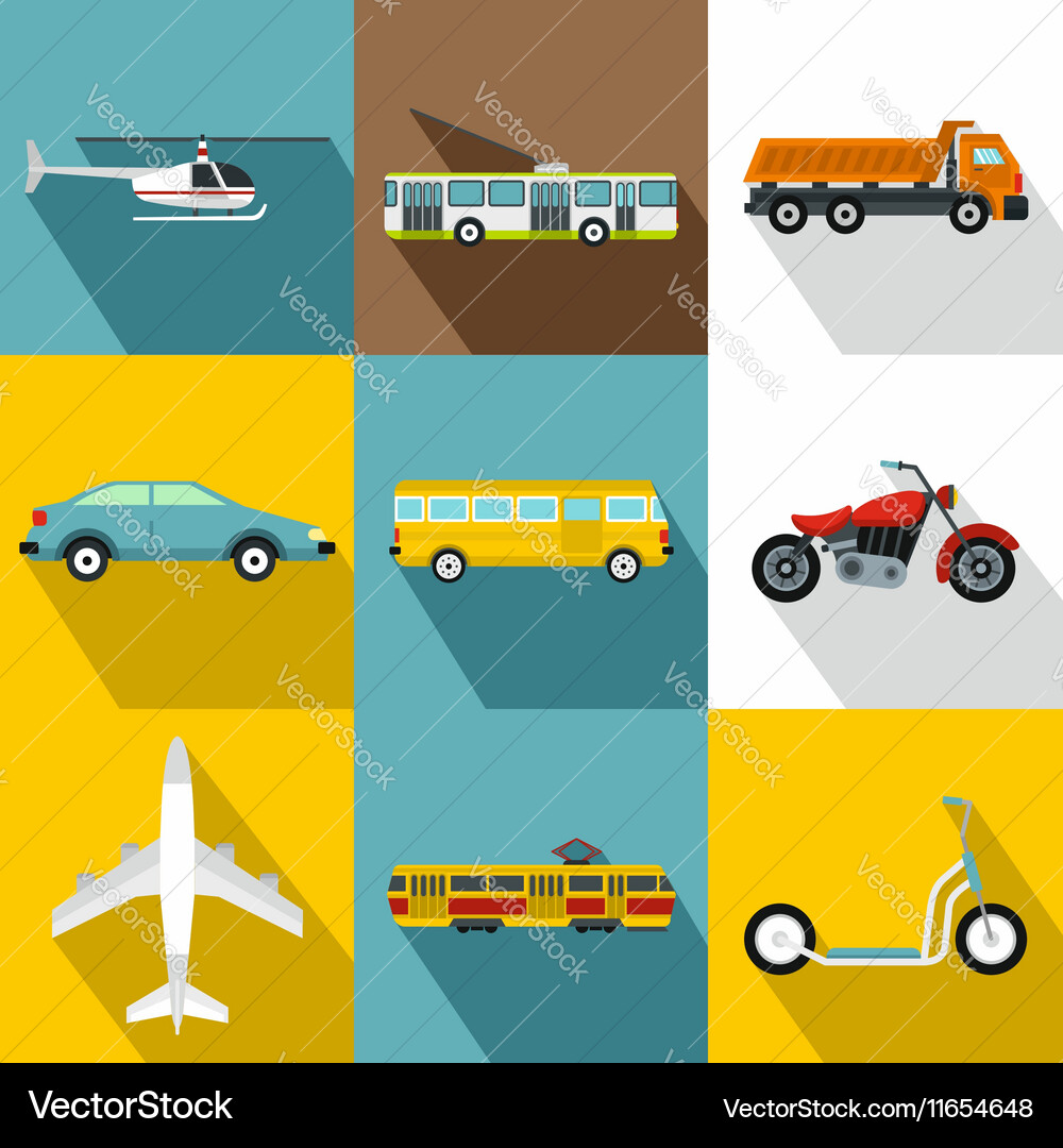 Trip on transport icons set flat style Royalty Free Vector