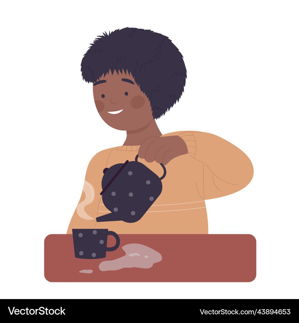 Kid pouring hot tea in mug Royalty Free Vector Image