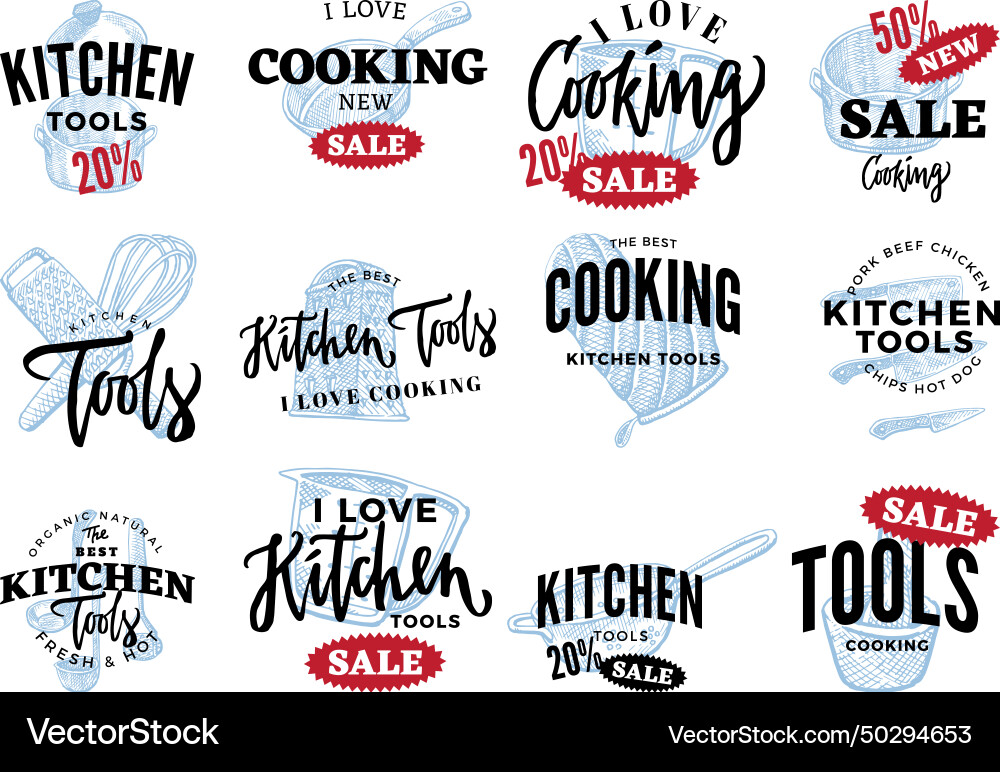 Kitchen equipment sale logos set Royalty Free Vector Image