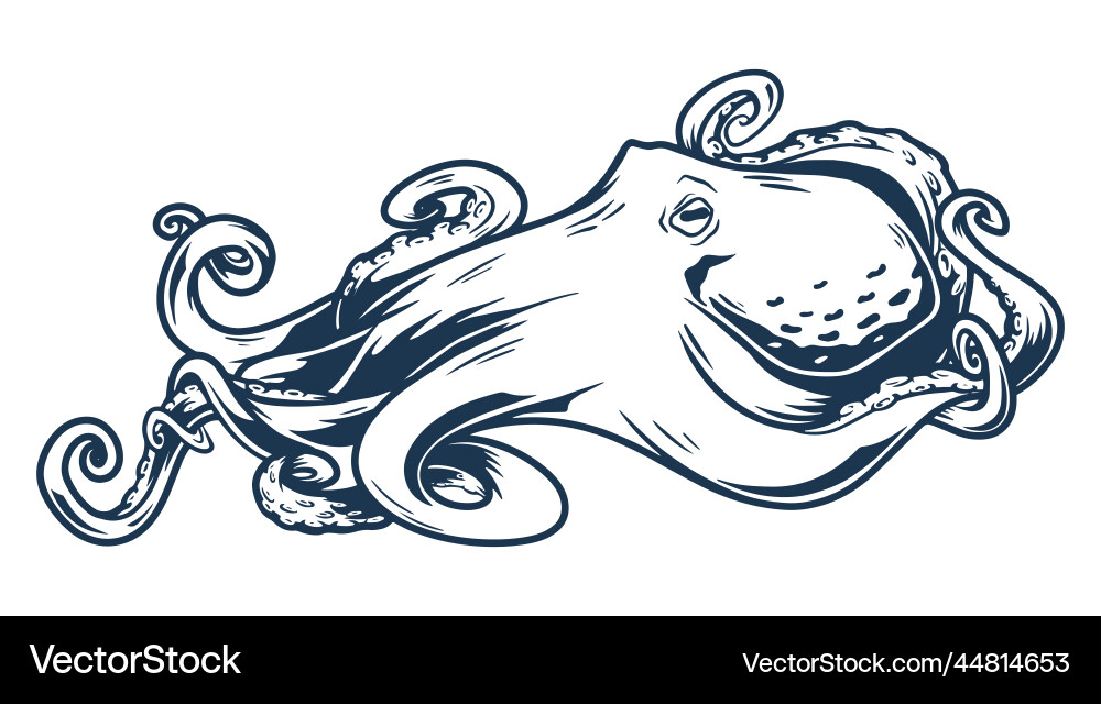 Ocean octopus detailed monochrome label Royalty Free Vector