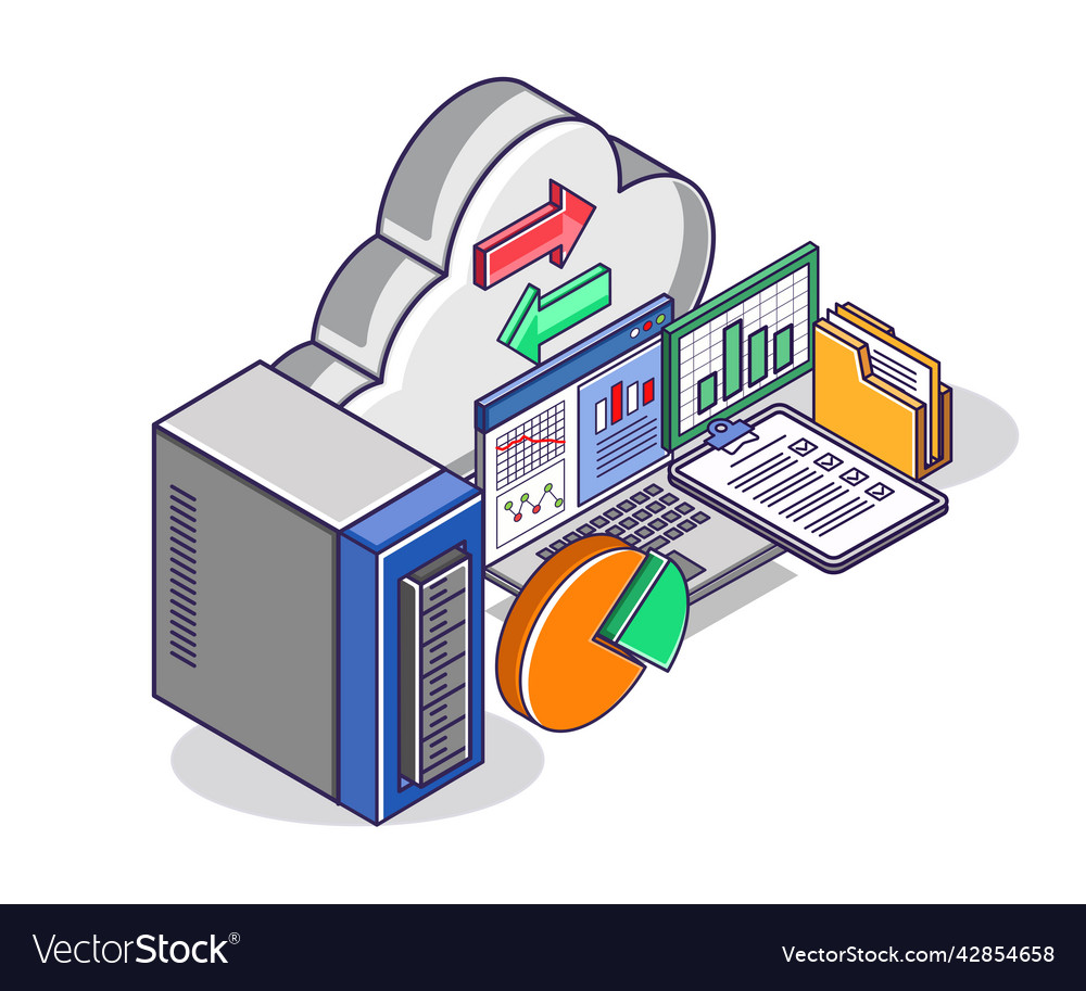 Computer analysis with cloud server Royalty Free Vector