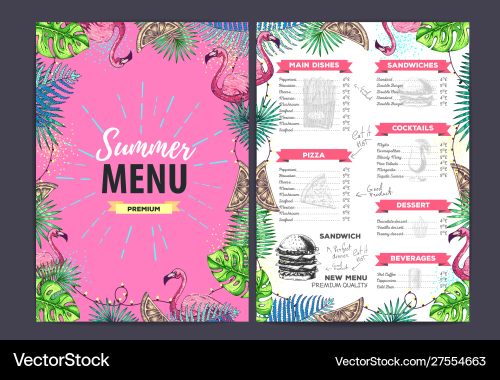Restaurant summer menu design with tropic leaves Vector Image