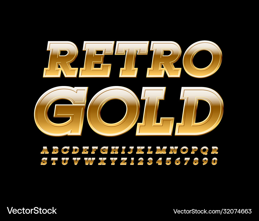 Retro gold alphabet letters and numbers Royalty Free Vector