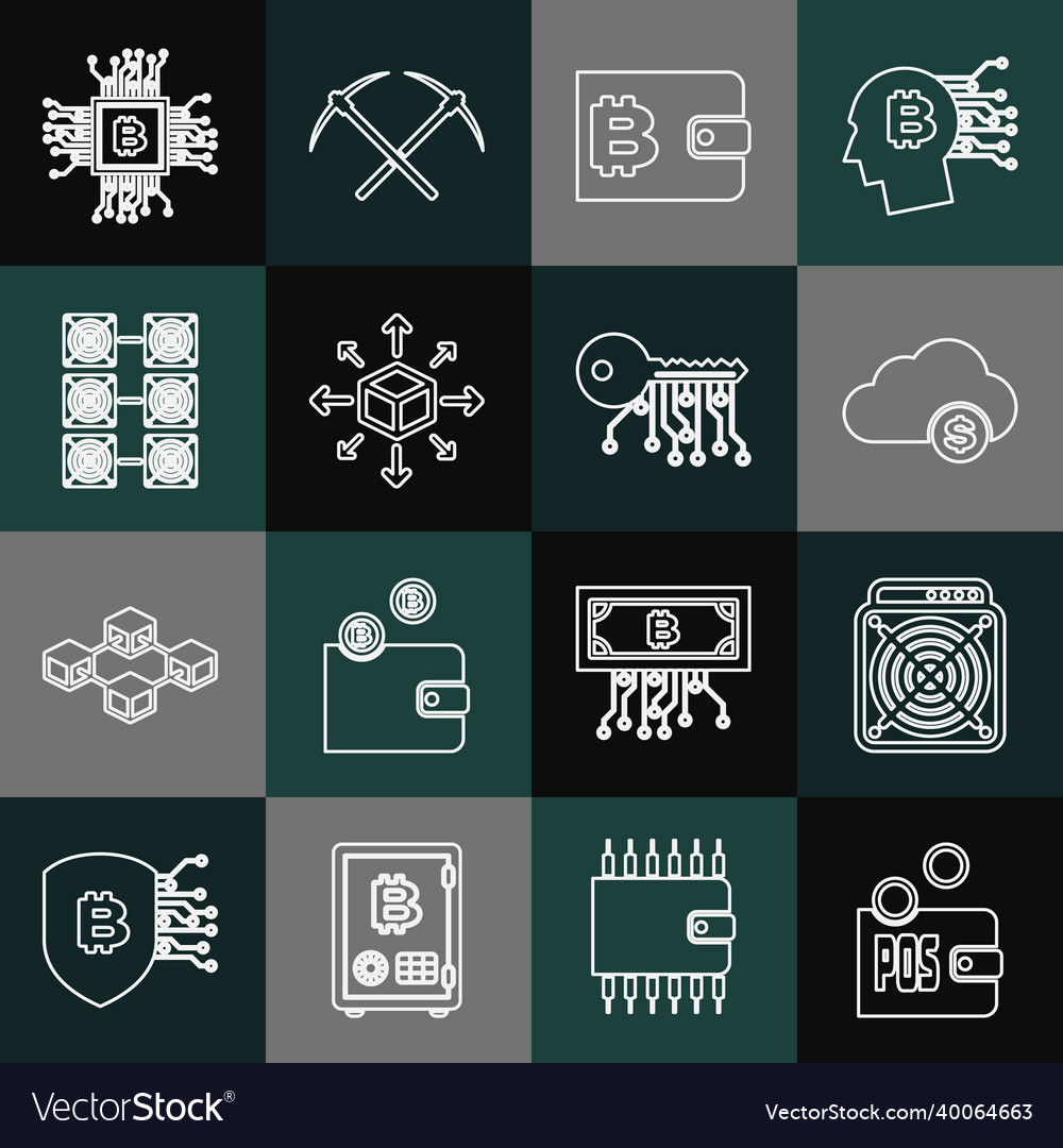 Set line proof of stake asic miner Royalty Free Vector Image