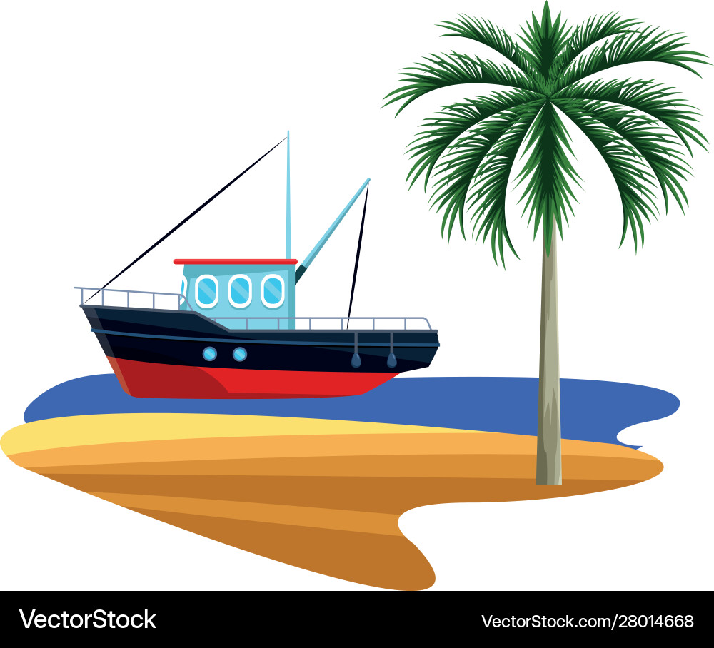 Fishing boat at sea with palms flat design Vector Image