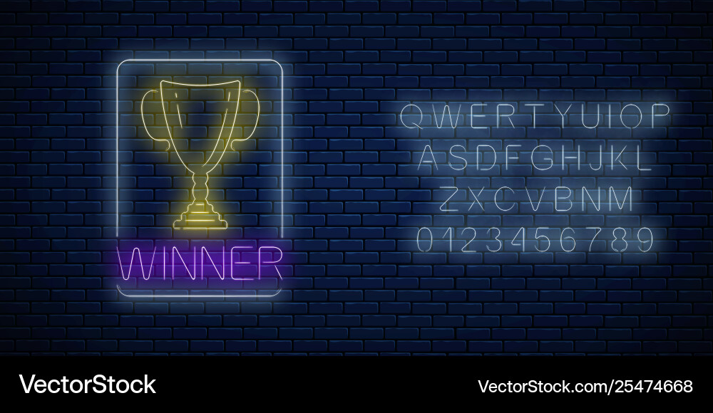 Glowing neon sign with award cup in rectangle Vector Image
