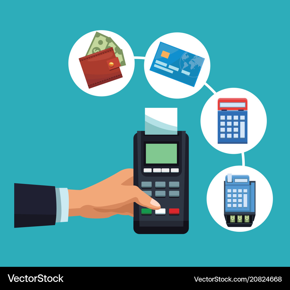Hand with dataphone and bank symbols Royalty Free Vector