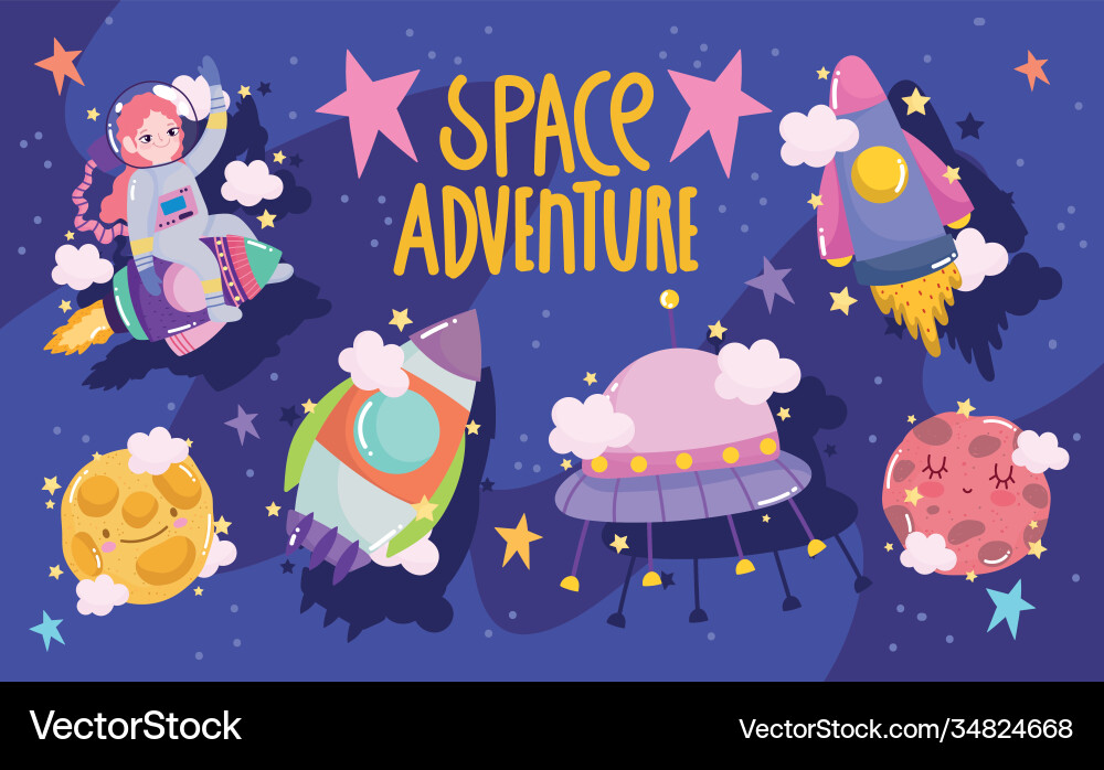 Space adventure galaxy cartoon astronaut shuttle Vector Image