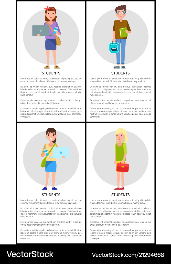 Students set posters with freshmen student girl Vector Image