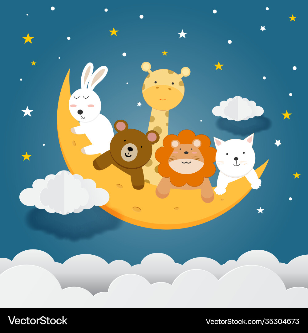 Cute animals on moon with stars clouds Royalty Free Vector