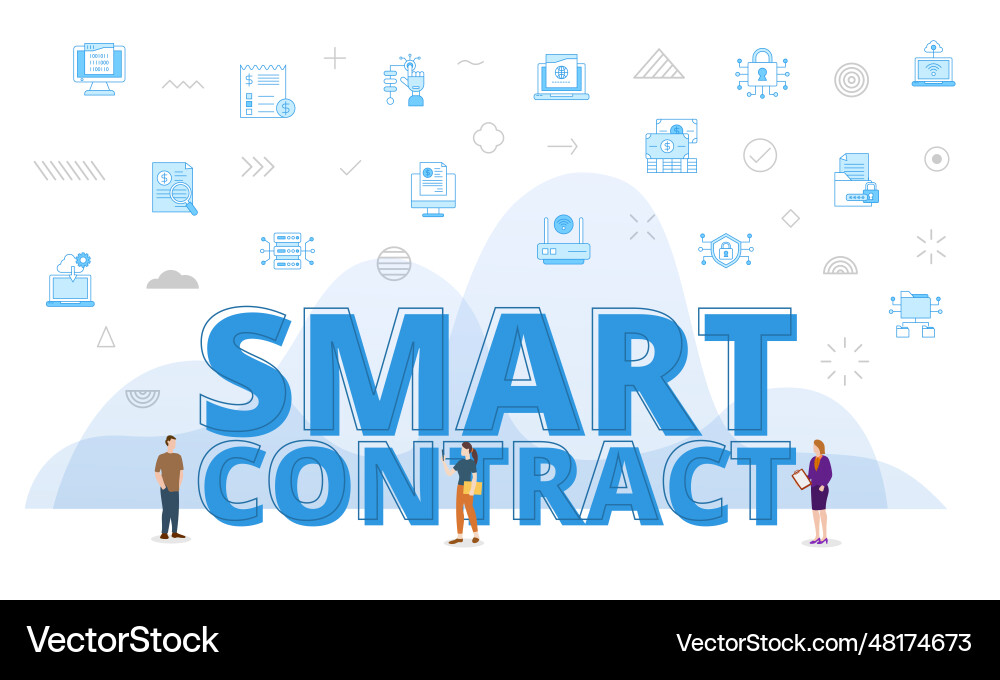 Smart contract concept with big words and people Vector Image