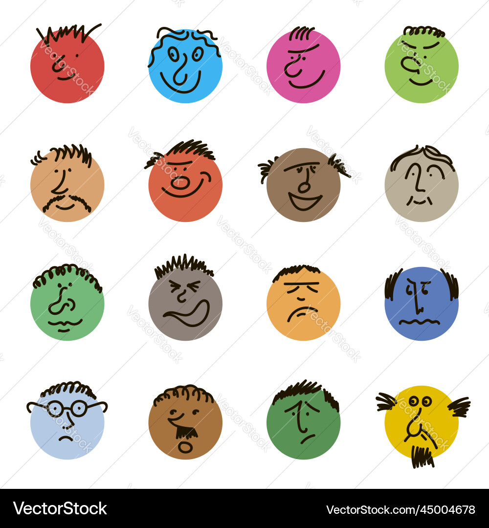 Colored doodle heads round comic faces Royalty Free Vector